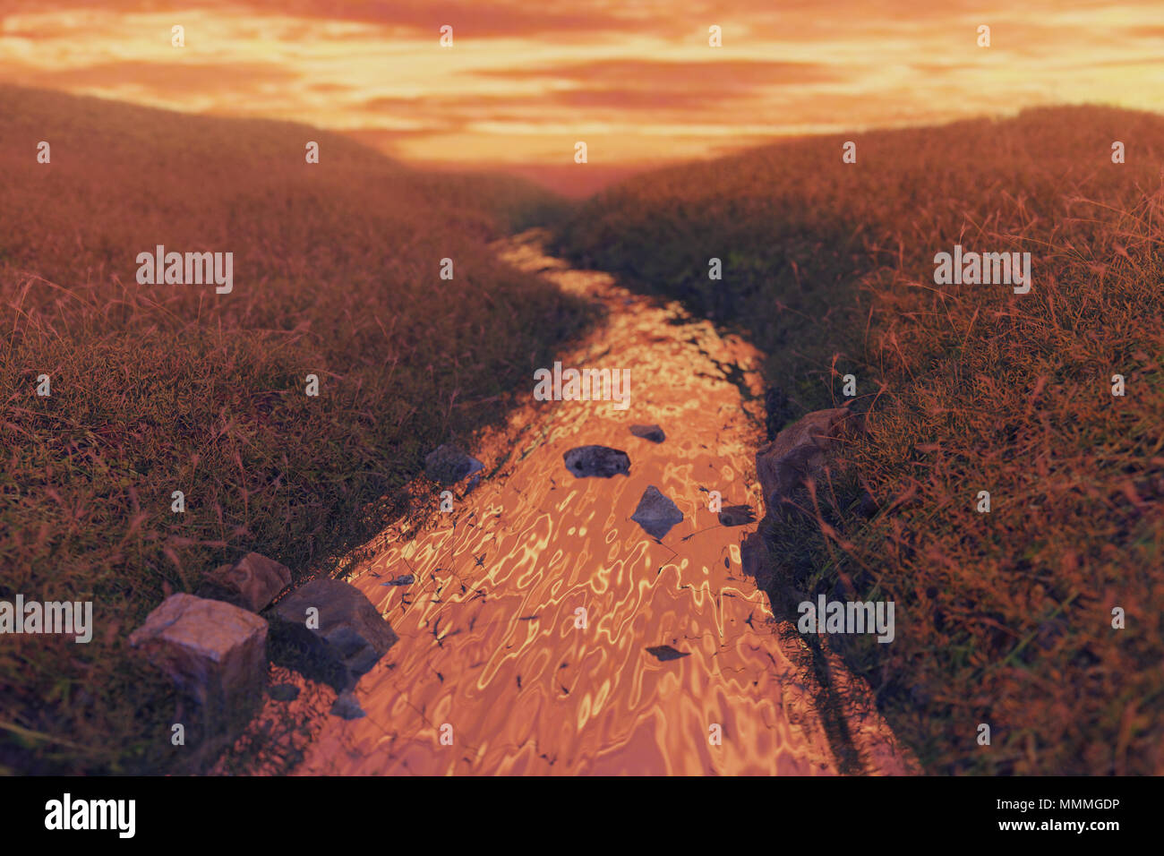 3d rendering of flowing stream at grassland in front of beautiful ...