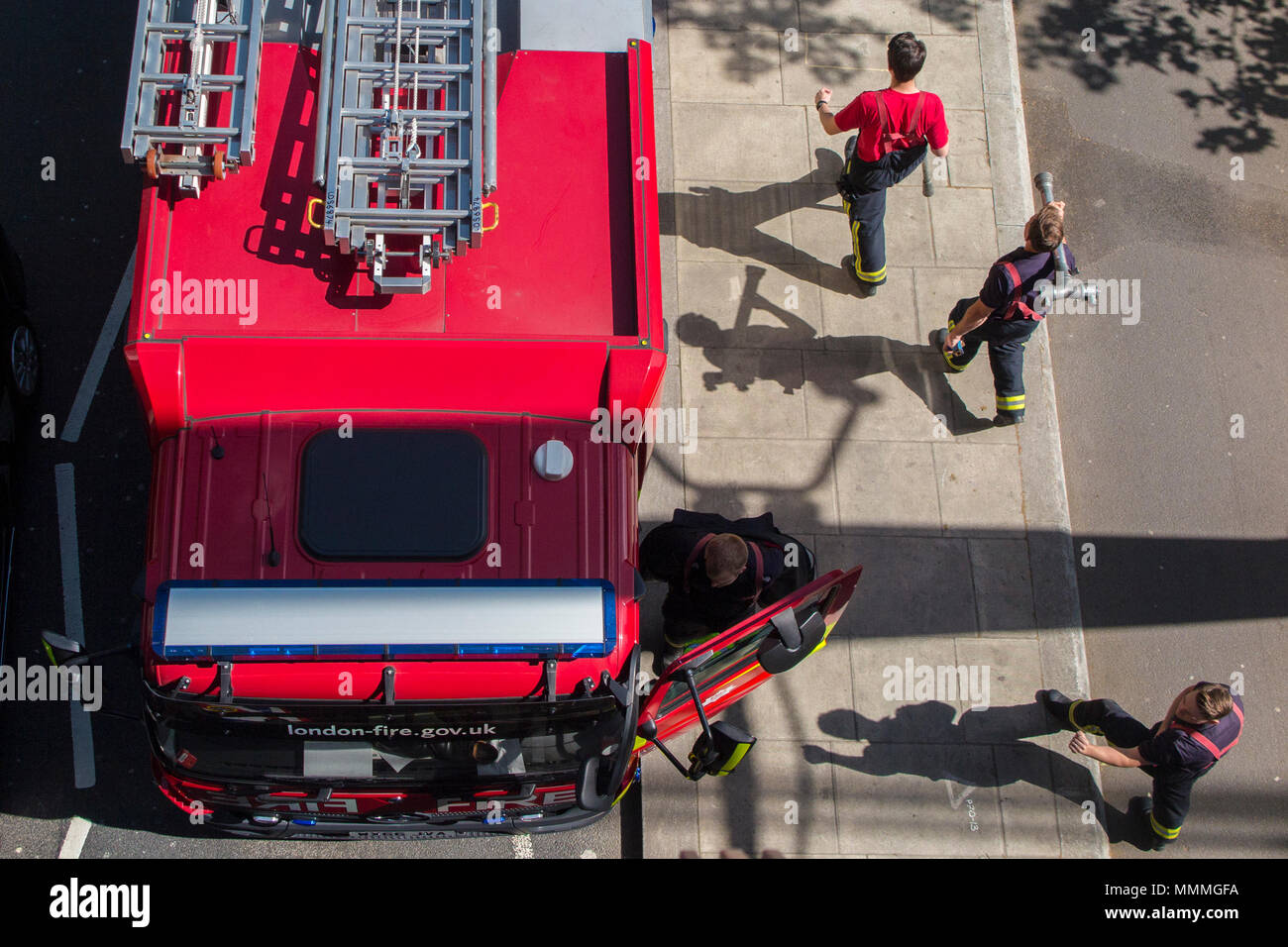 Looking down onto a fire engine attending an emergency Stock Photo - Alamy