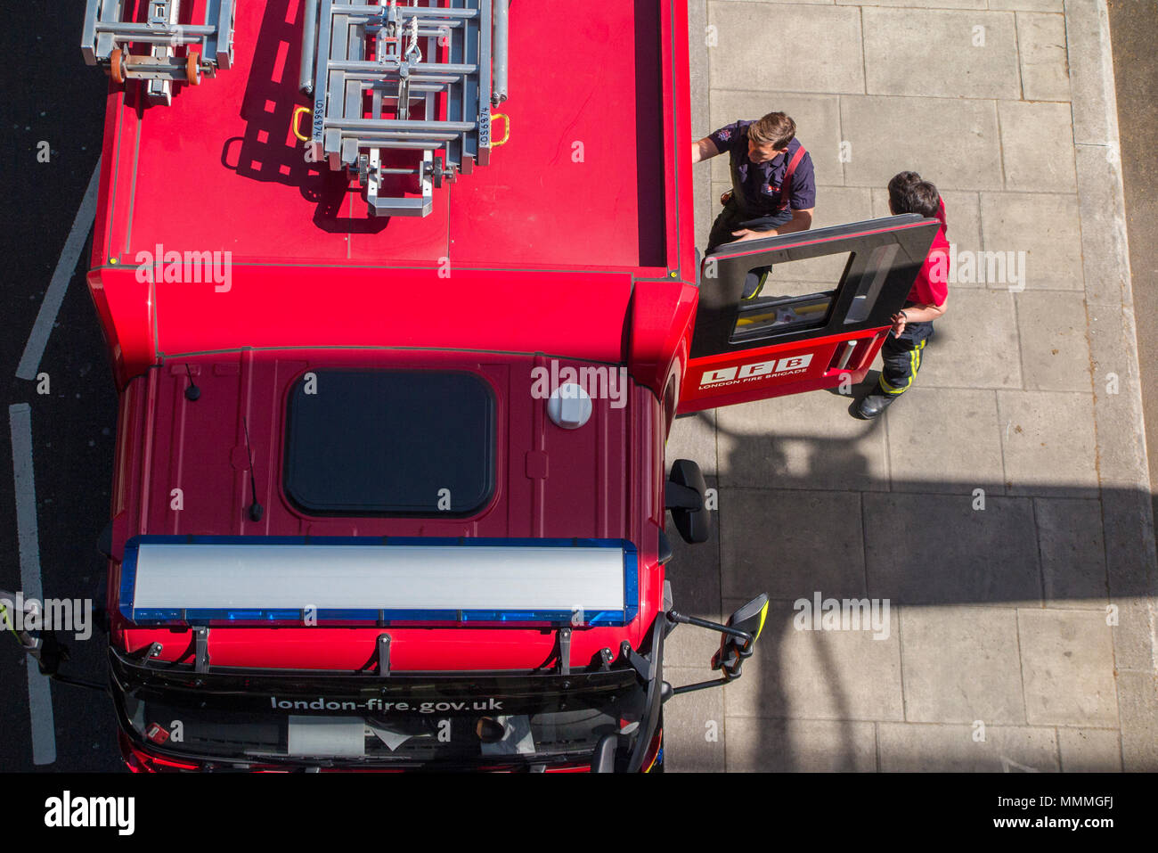 Looking down onto a fire engine attending an emergency Stock Photo - Alamy
