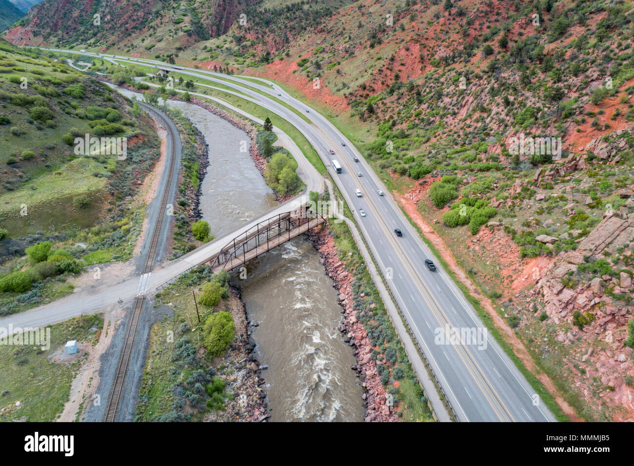 Aerial view of Colorado River and I-70 highway at South Canyon below ...