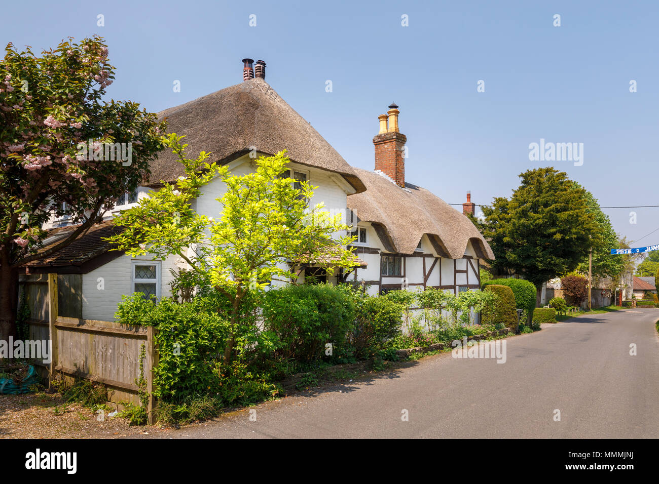 Pretty white timbered thatched cottage in local architectural style ...