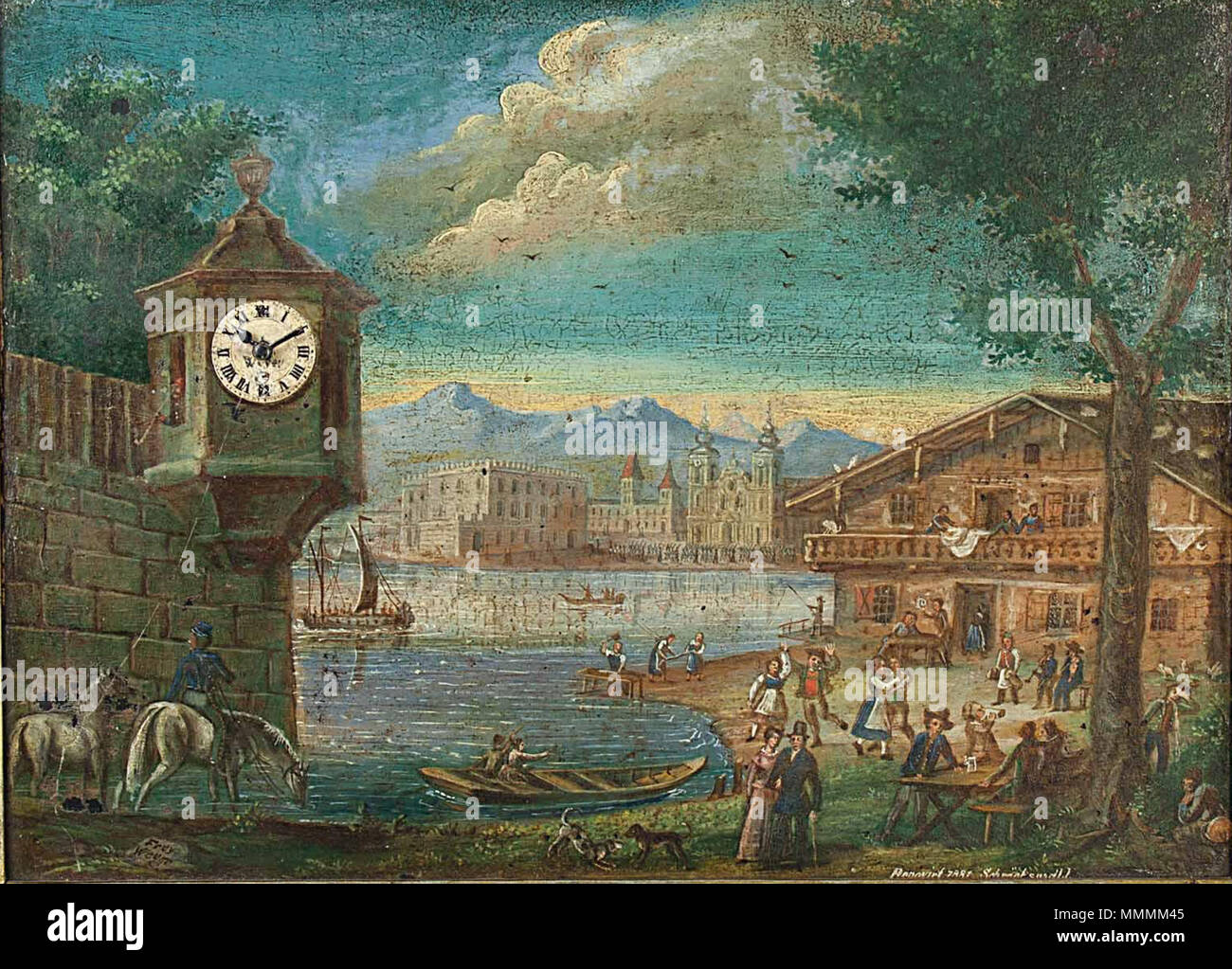 . Bilderuhr, um 1850/60; 'Flusslandschaft mit Gehöft und tanzenden ...