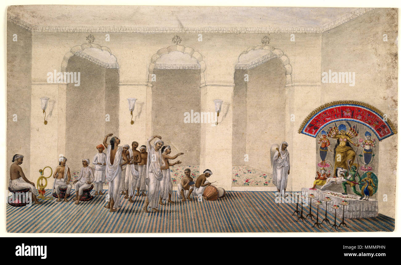 . English: Durga Puja, 1809 watercolour painting in Patna Style. . 1809 ...