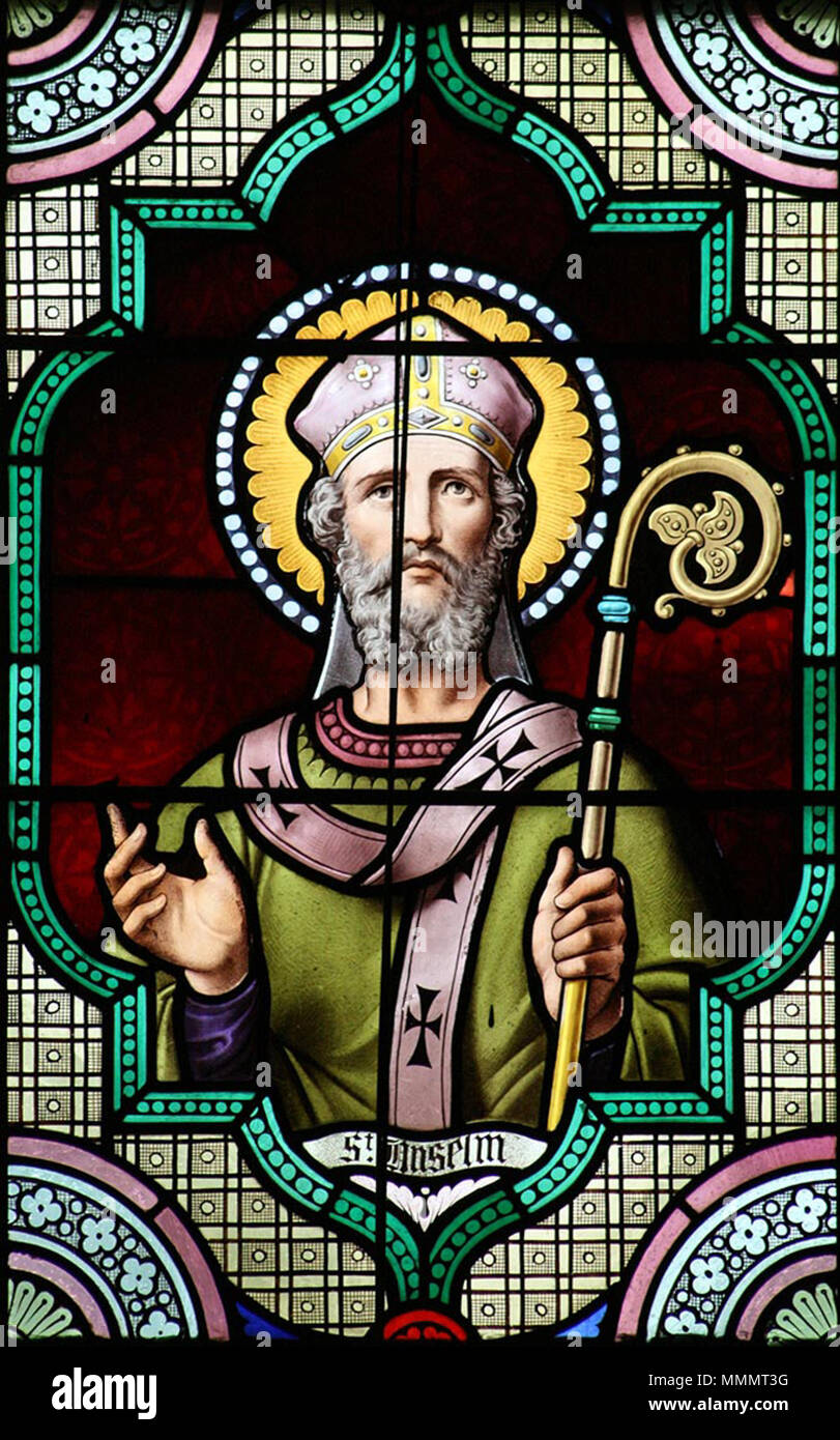 . English: St. Anselm of Canterbury in an English glass window of 19th ...