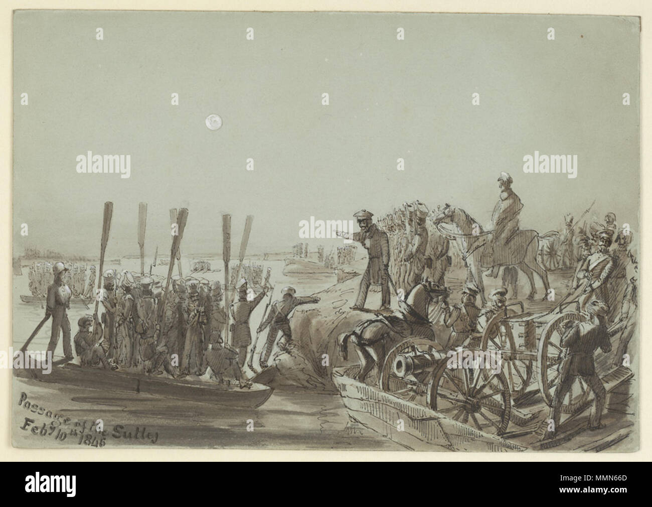 . English: Pen and ink drawing of British troops crossing the Sutlej ...