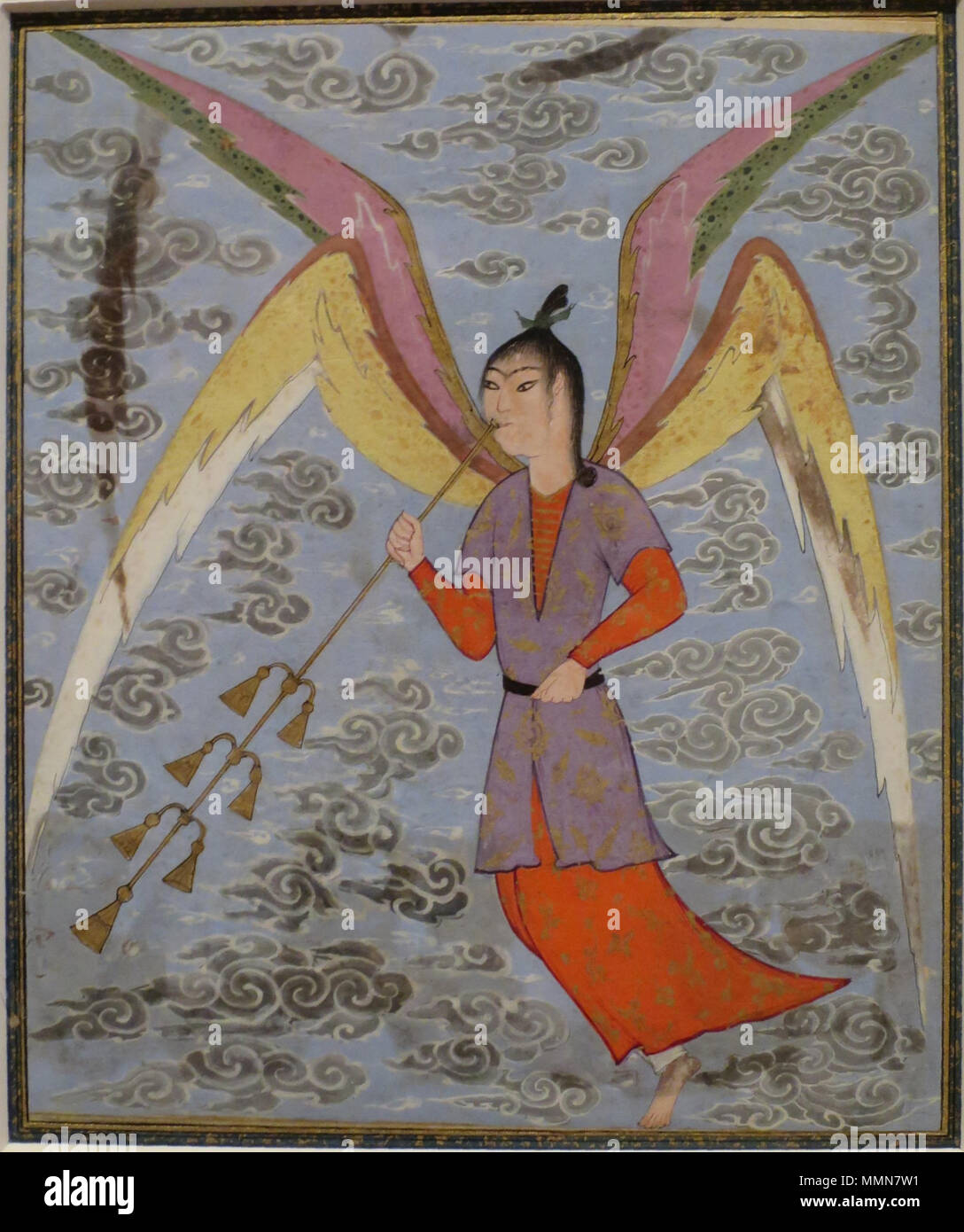 . English: Angel Blowing a Woodwind, ink and opaque watercolor painting ...