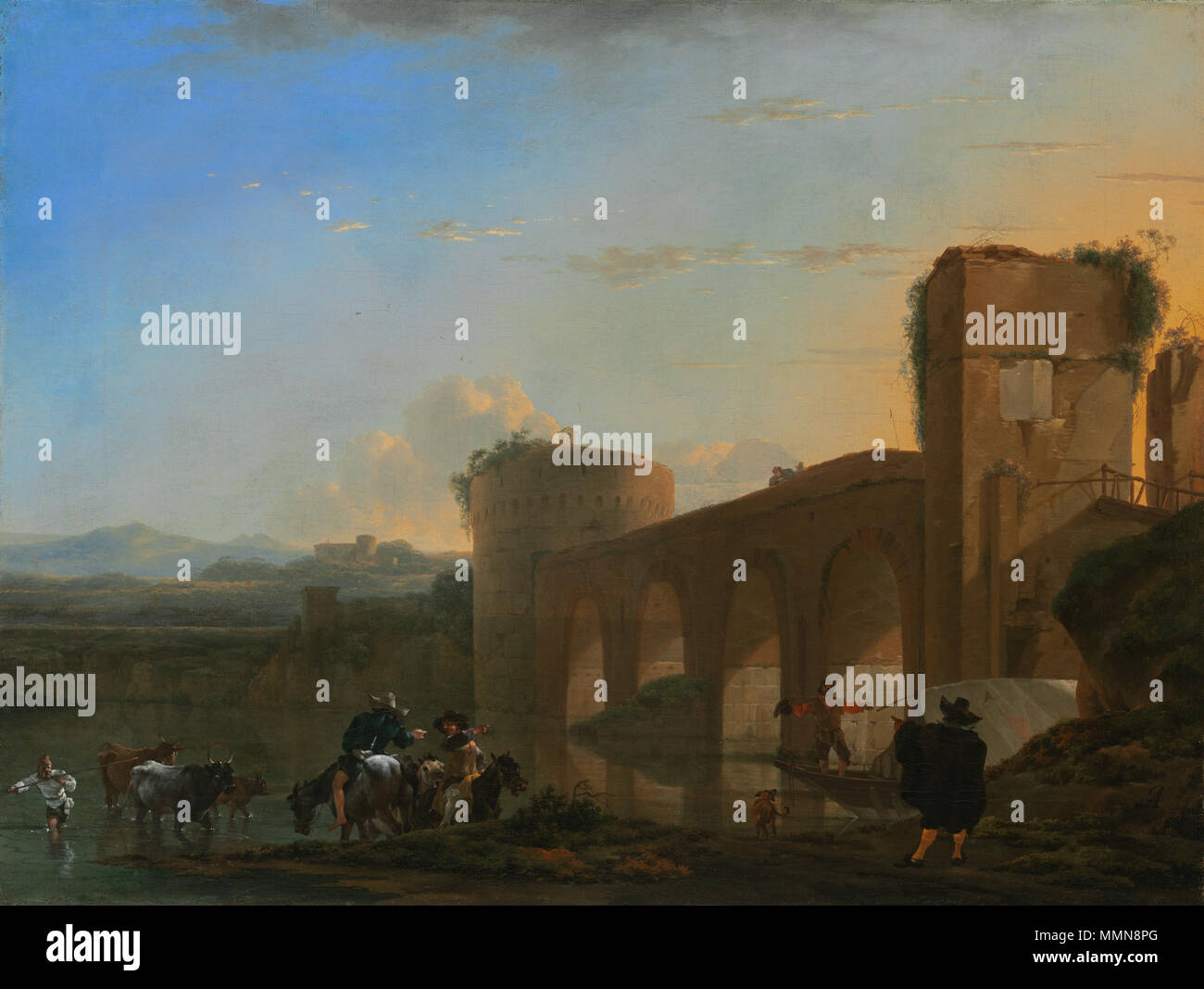 The tiber river with the ponte molle at sunset hi-res stock photography ...