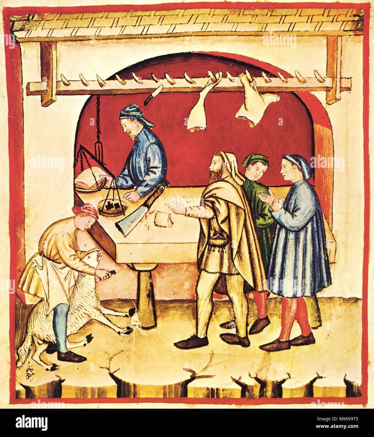 This picture is showing a 14th century butcher doing his trade in a ...