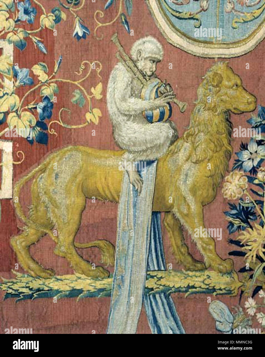 Monkey on a lion (detail of a tapestry).. 1550s. Arras 012 Stock Photo ...