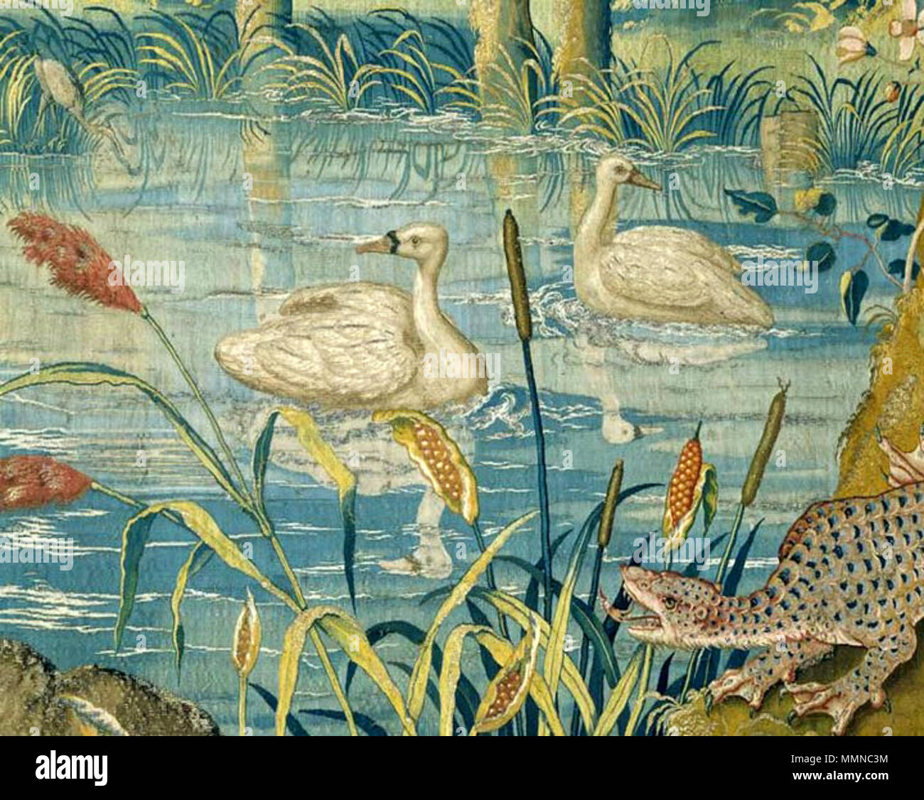 Swans and a salamandra (detail of a tapestry).. 1550s. Arras 017 Stock ...