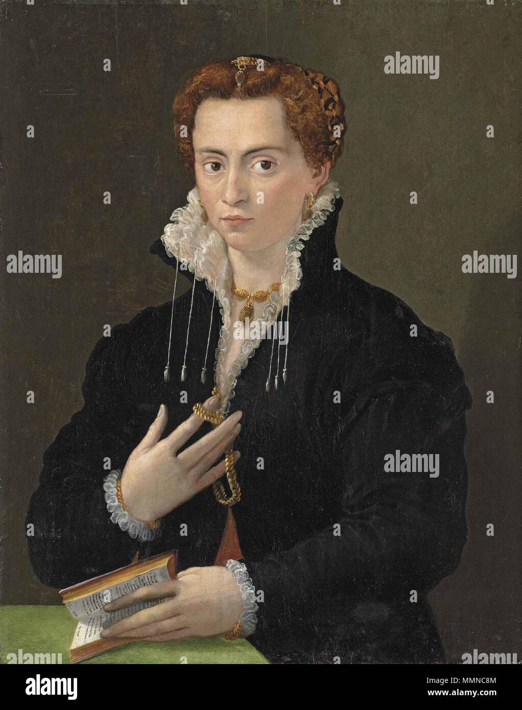 . English: Portrait of a Lady in a high-necked black gown, holding a ...