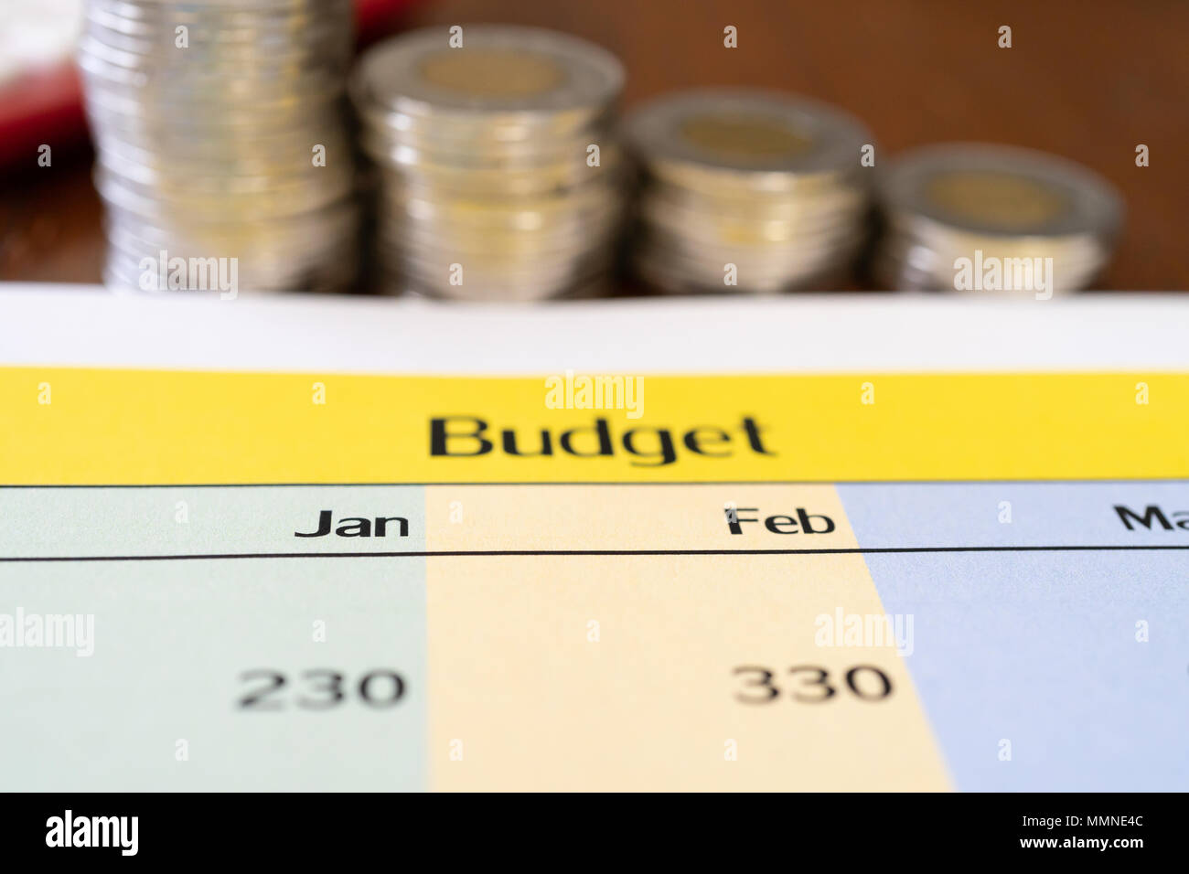 Budget report with coins arranged as a graph - Business and reporting ...