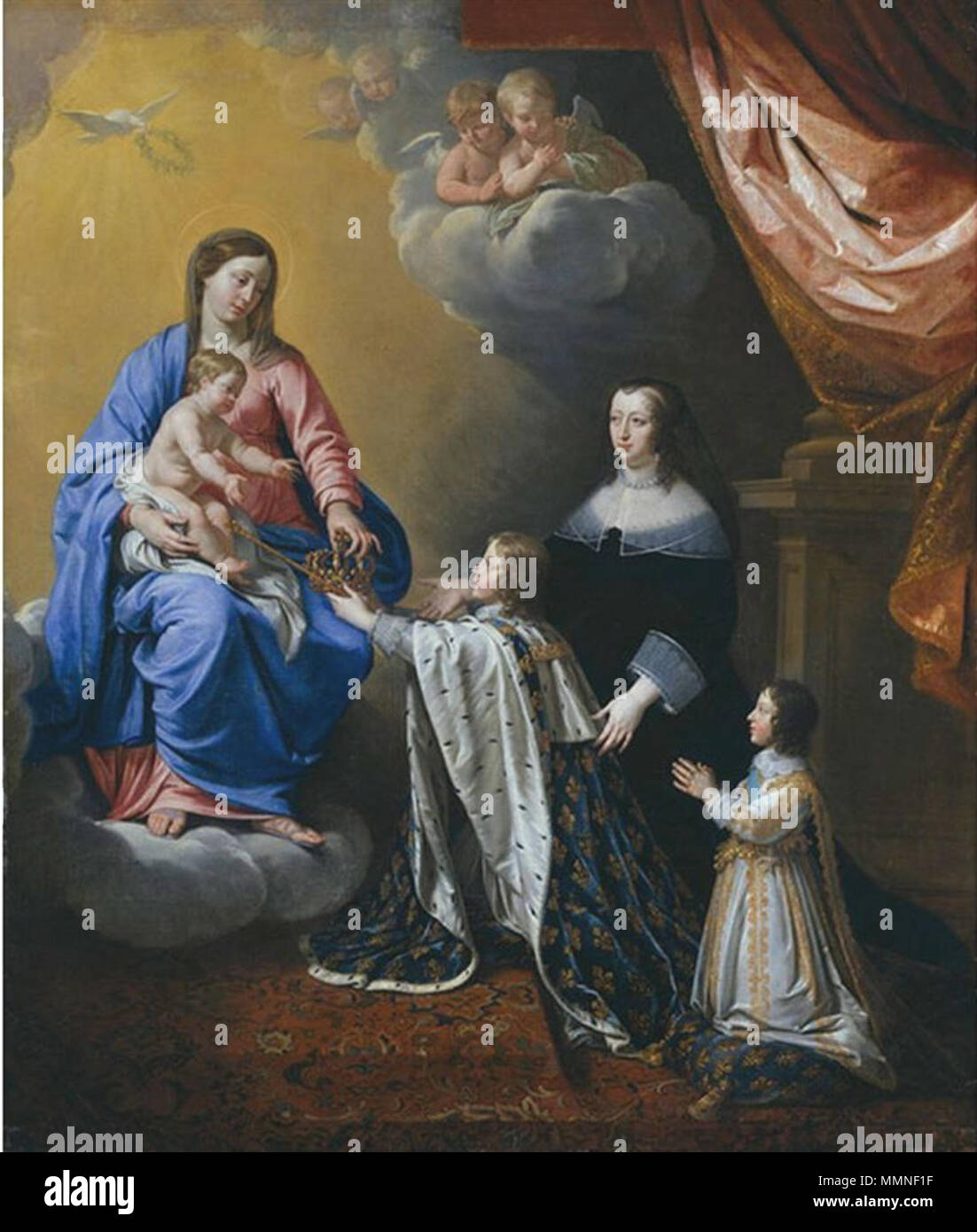Louis XIV with his mother and brother. 1643. Virgin mary gives crown scept louis Stock Photo - Alamy