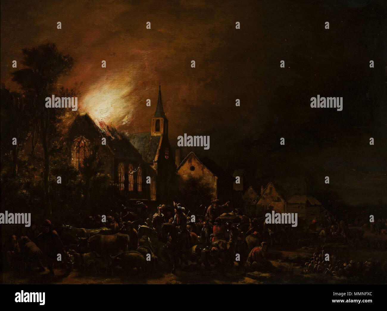 Fire of a church with staffage and cattle.. 1658. Poel Fire of a church ...