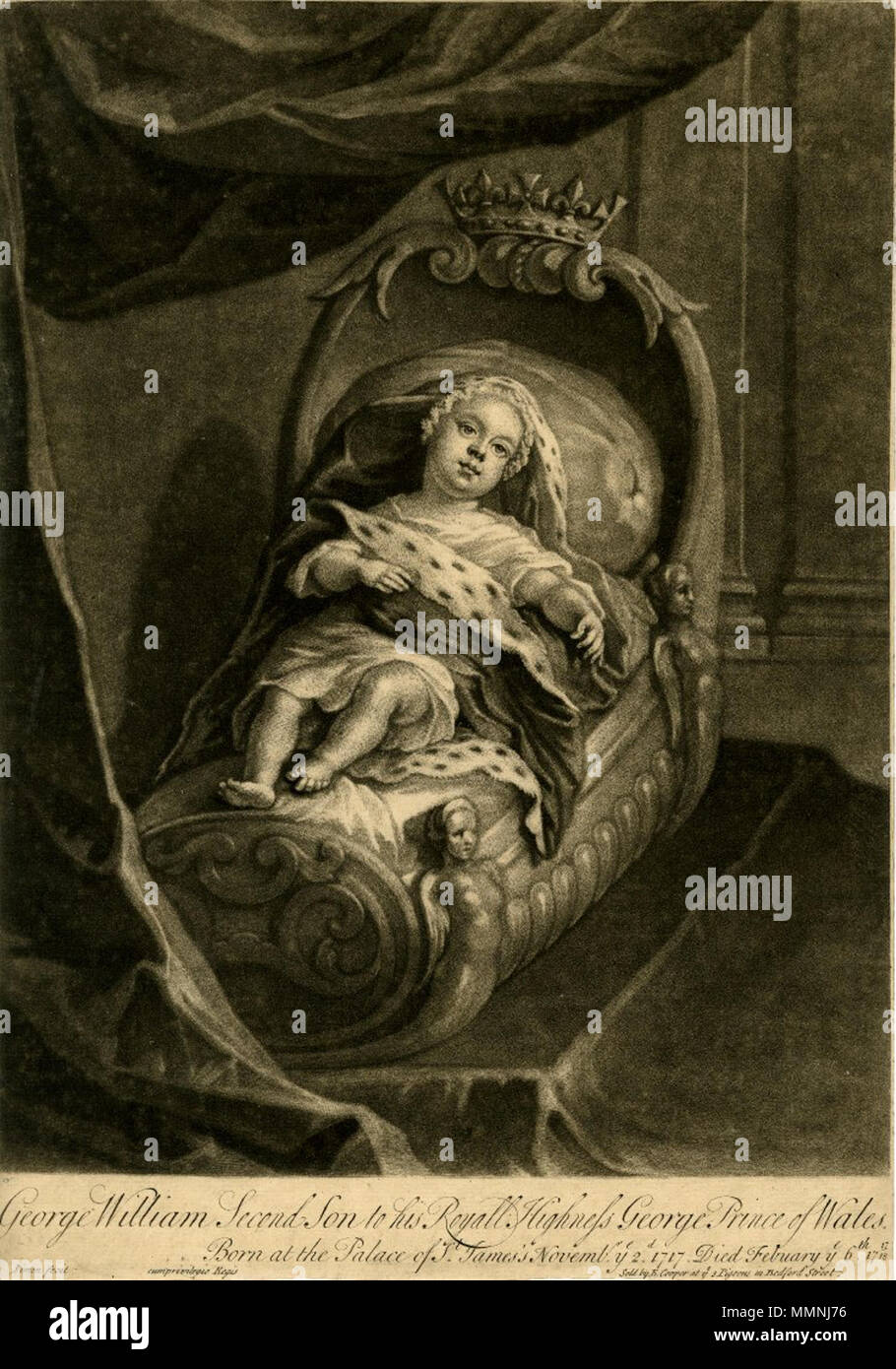 . Portrait as a baby seen whole-length wrapped in ermine cloak lying in ...