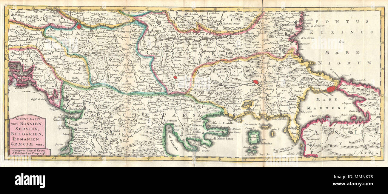 . English: This is a rare and unusual 1738 map of the Balkans by J ...