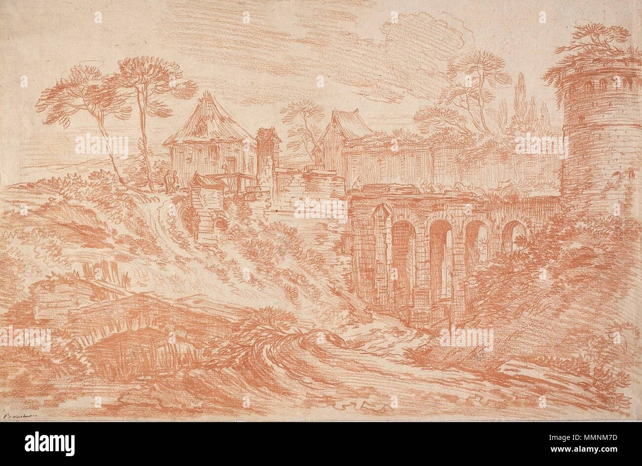 Landscape with a tower and bridge.. mid 18th century. Boucher Landscape ...