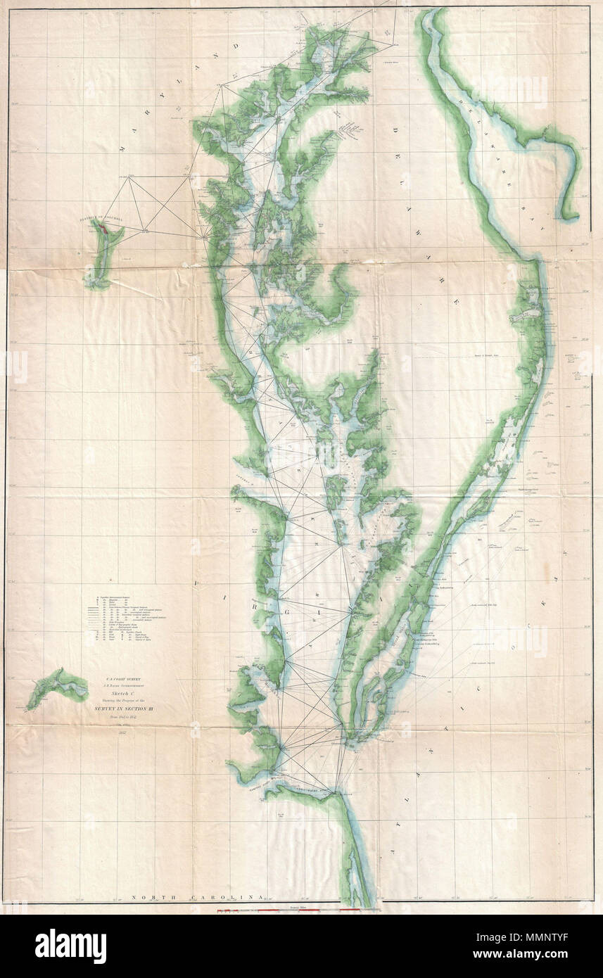 . English: An uncommon U.S. Coast Survey map and triangulation chart of ...