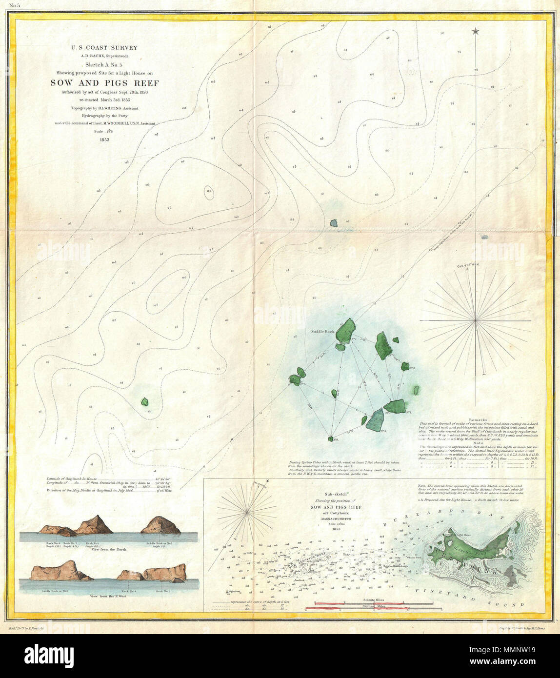 . English: This is an unusual 1853 U.S. Coast Survey chart of the Sow ...