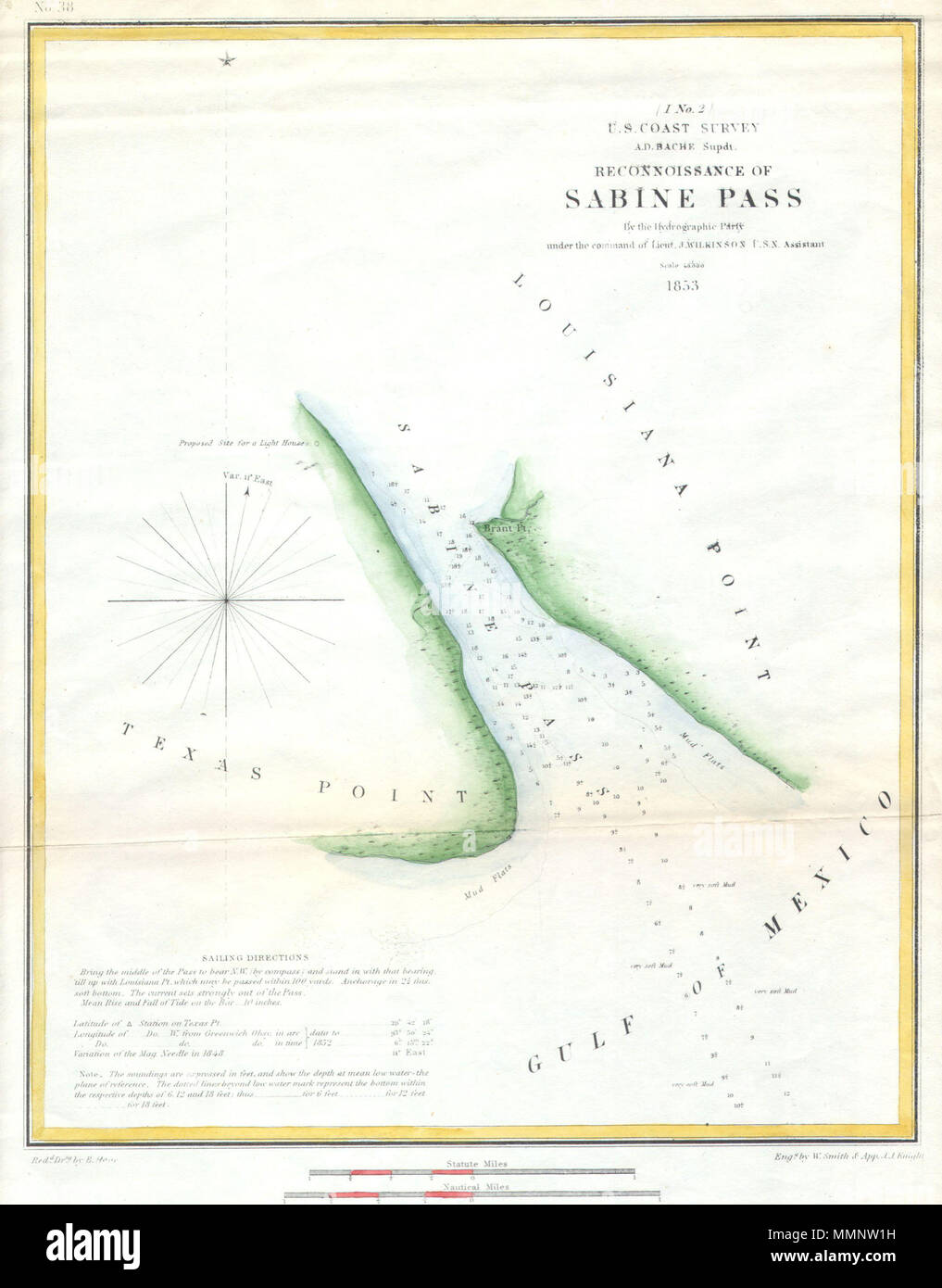 . English: A rare hand colored 1853 coastal chart Sabine Pass, Texas ...