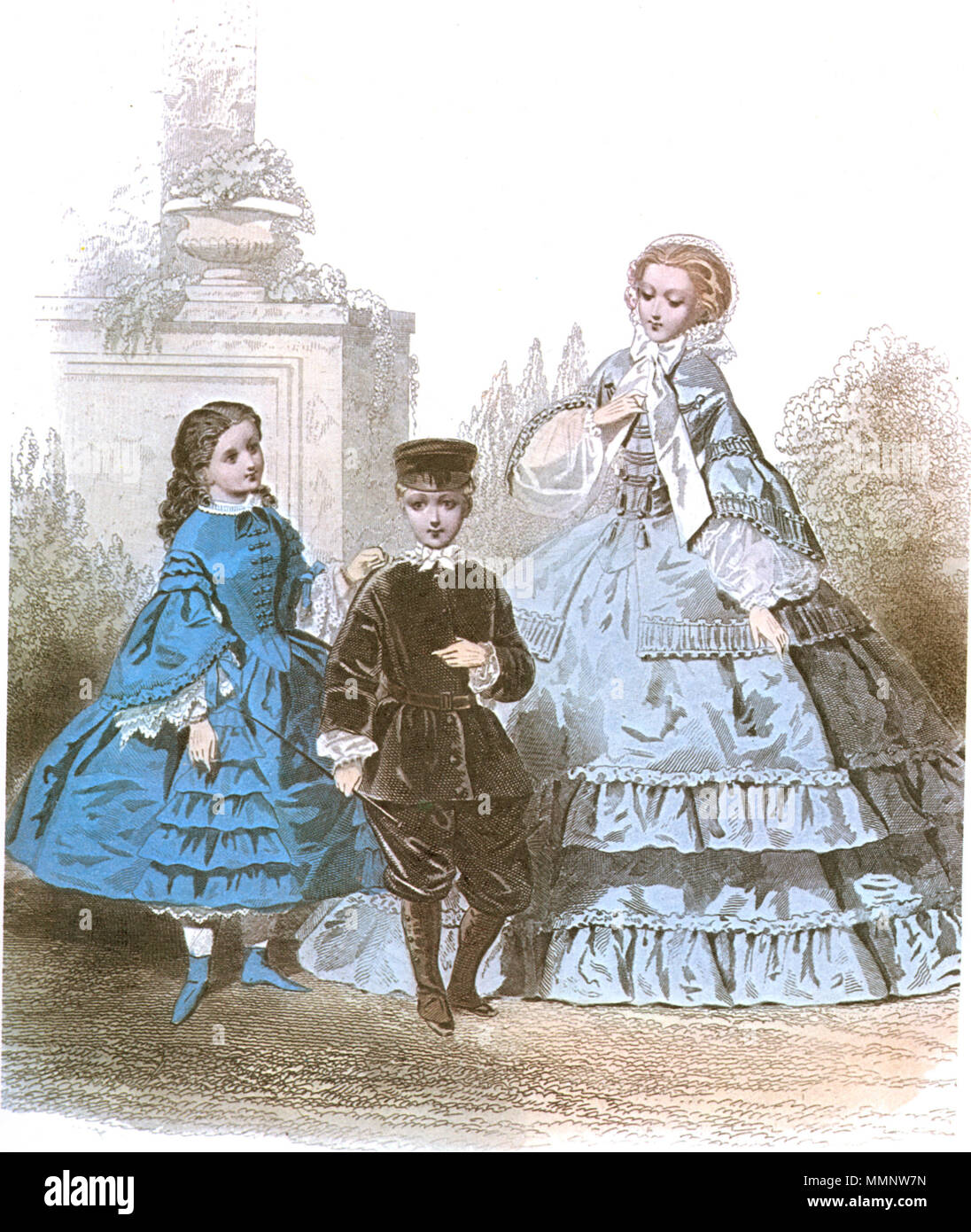 . English: 1858 fashion plate of mother and children, showing the ...