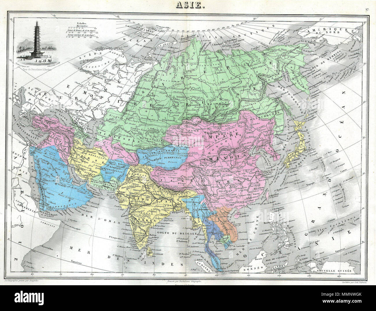 . English: This hand colored map of Asia is a steel plate engraving ...