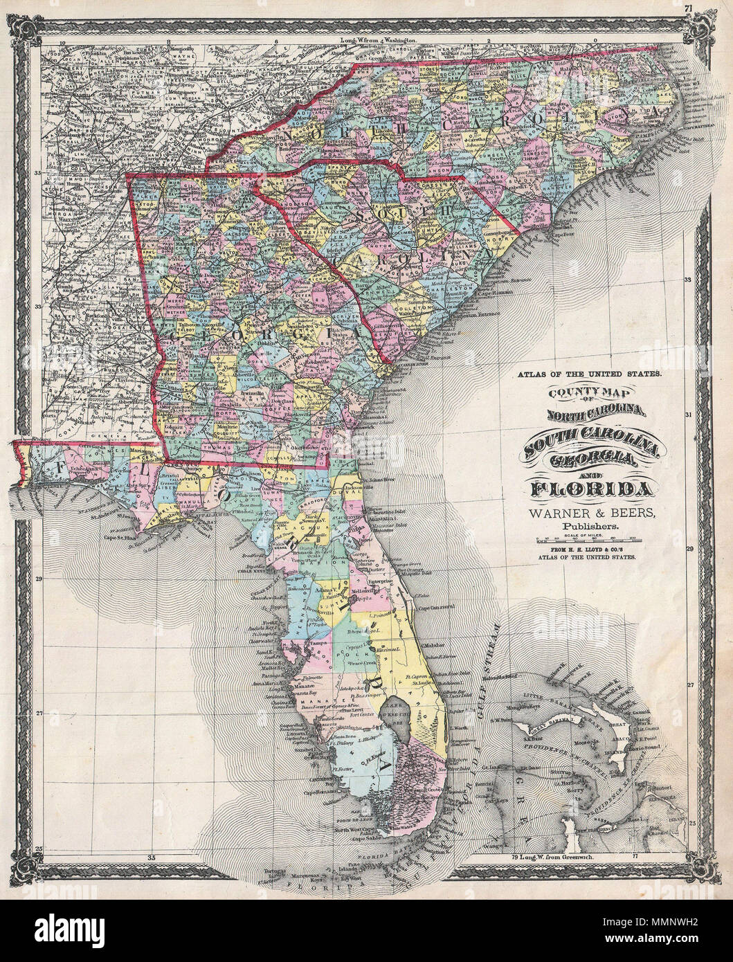. English: An attractive hand colored 1874 map of the southeastern part ...