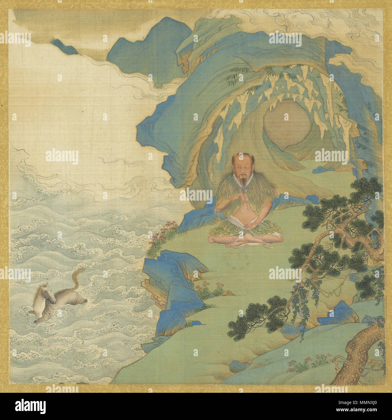 . The painting shows the mythological sage-ruler Fuxi (伏羲) seated cross ...