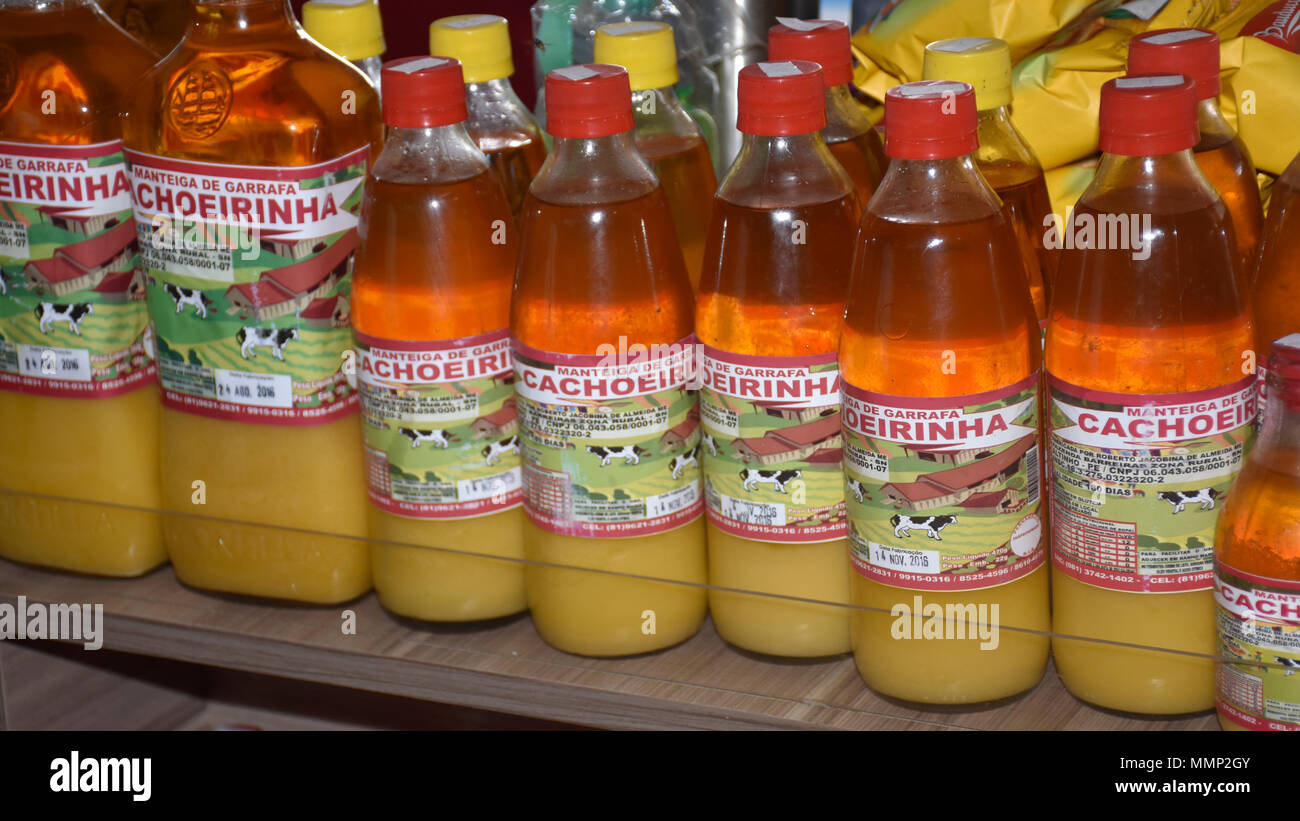 Bottled butter on display at a supermarket, Itabaiana, Sergipe, Brazil ...