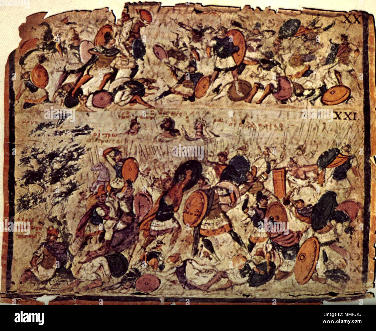 . English: Pictures 20 and 21 of the Ambrosian Iliad, Battle scenes ...