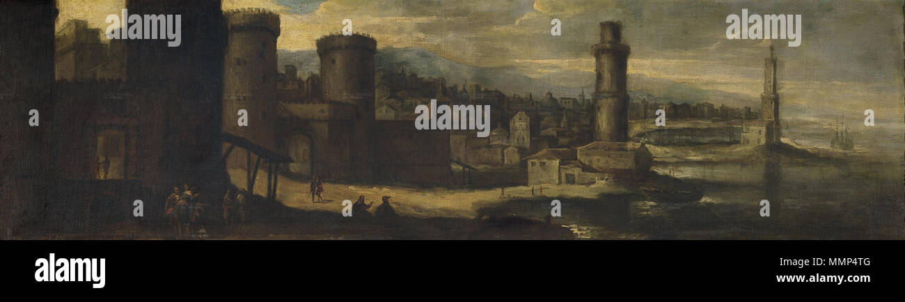 Spanish: Paisaje con un puerto fortificado.. circa 1650. Aguero-puerto ...