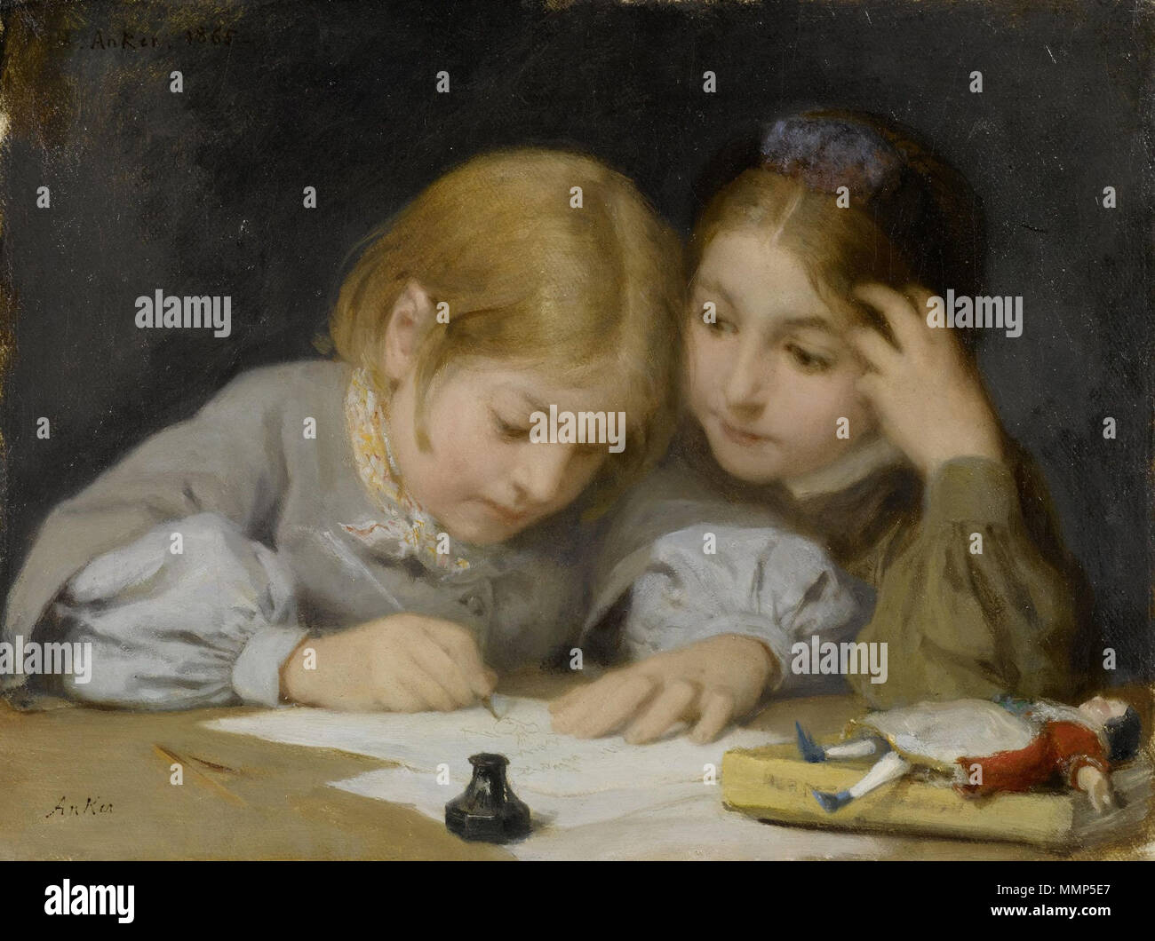 The writing lesson. 1865. Albert Anker Schreibunterricht 1865 Stock ...