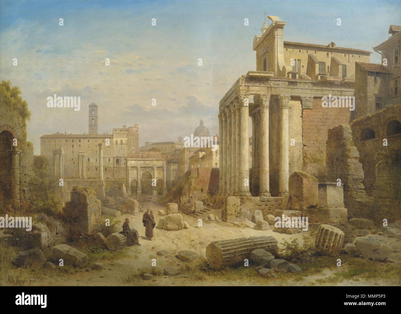. German: Blick auf das Forum Romanum mit dem Septimius-Severus-Bogen ...