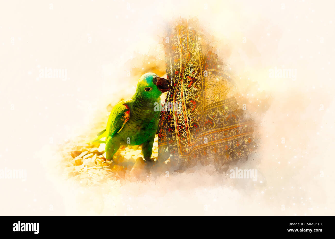 Emerald Green parrot and softly blurred watercolor background Stock ...