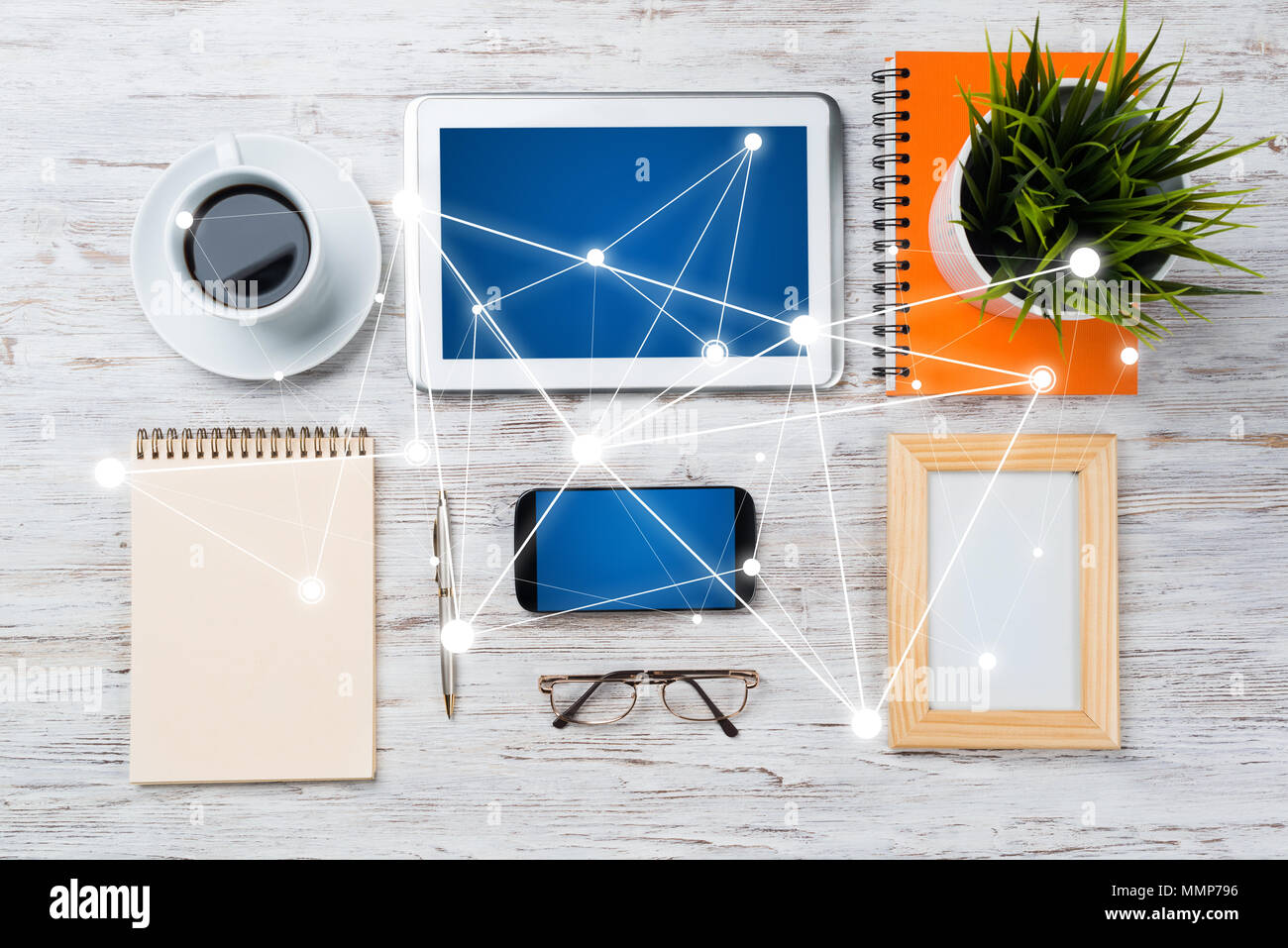 Top view of modern workplace with office stuff and social network ...