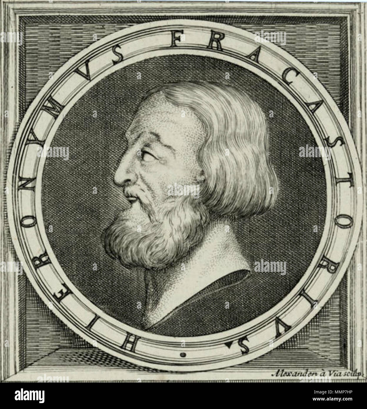 . English: detail of an engraving depicting a bust of Fracastoro. The ...