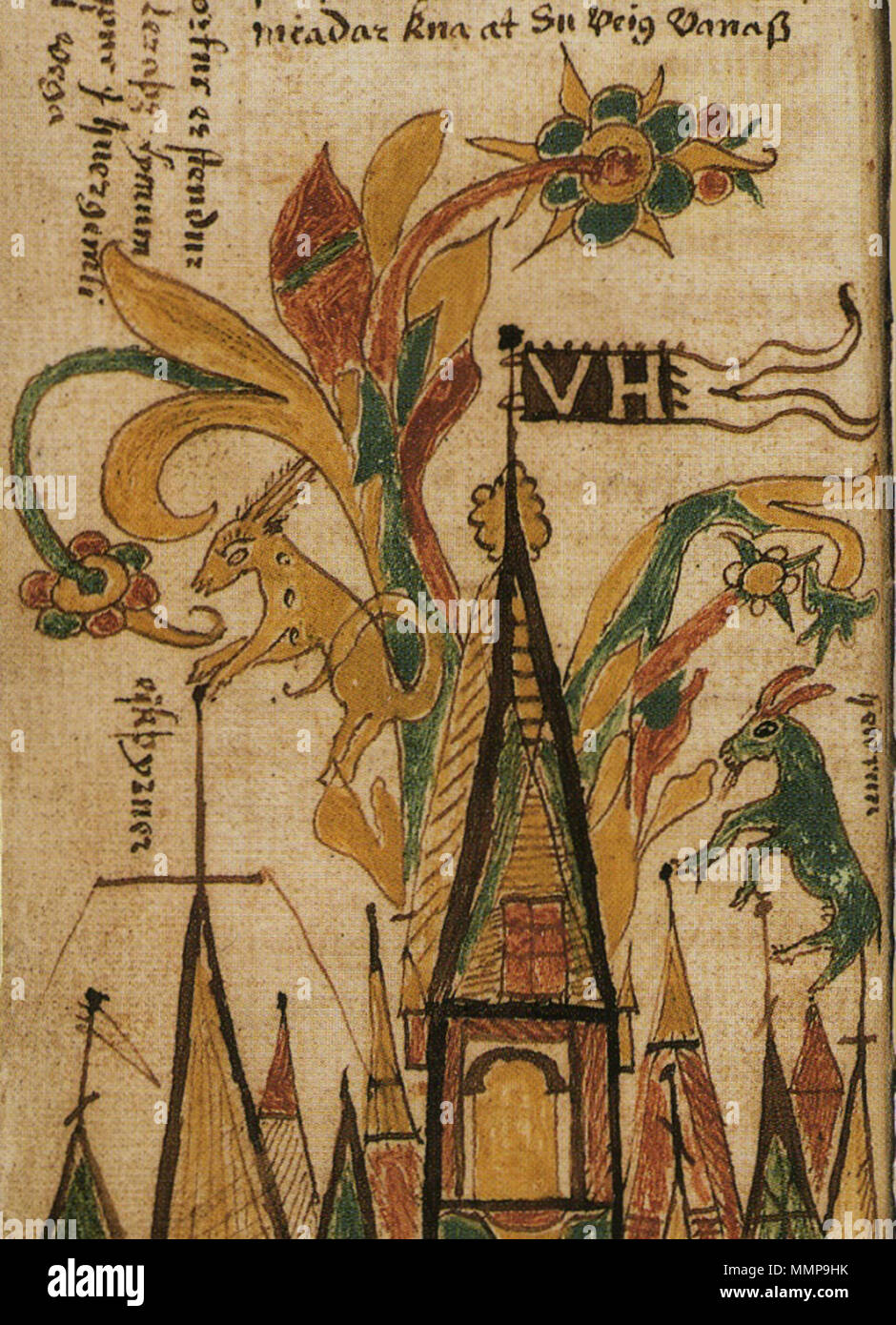 . English: The stag Eikþyrnir and the goat Heiðrún on top of Valhalla ...