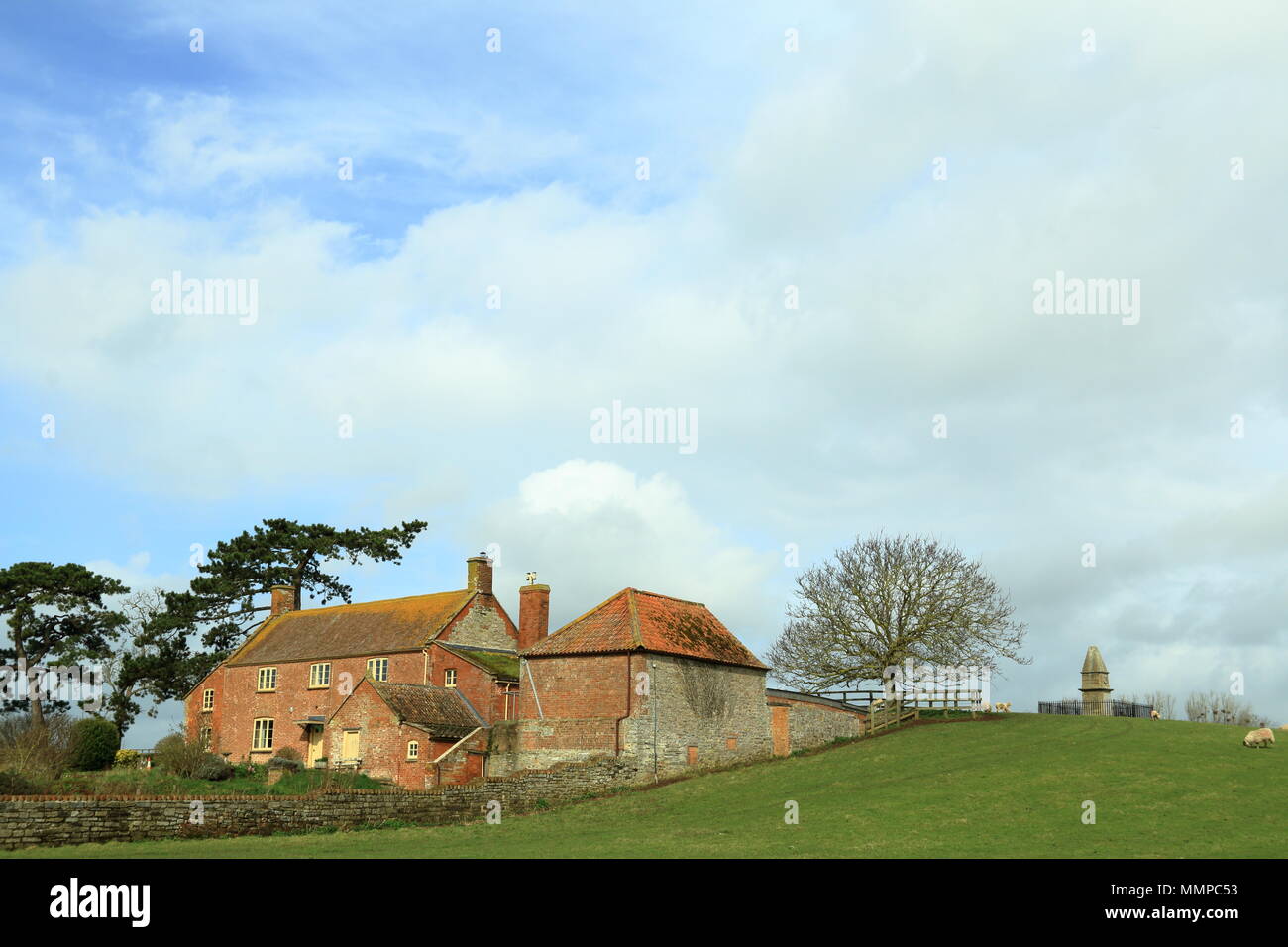 Farm at Athelney with Alfred The Great monument in field Stock Photo ...