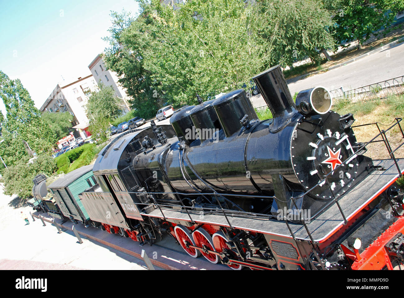 A old Soviet era steam locomotive on display at a museum in Volgograd ...