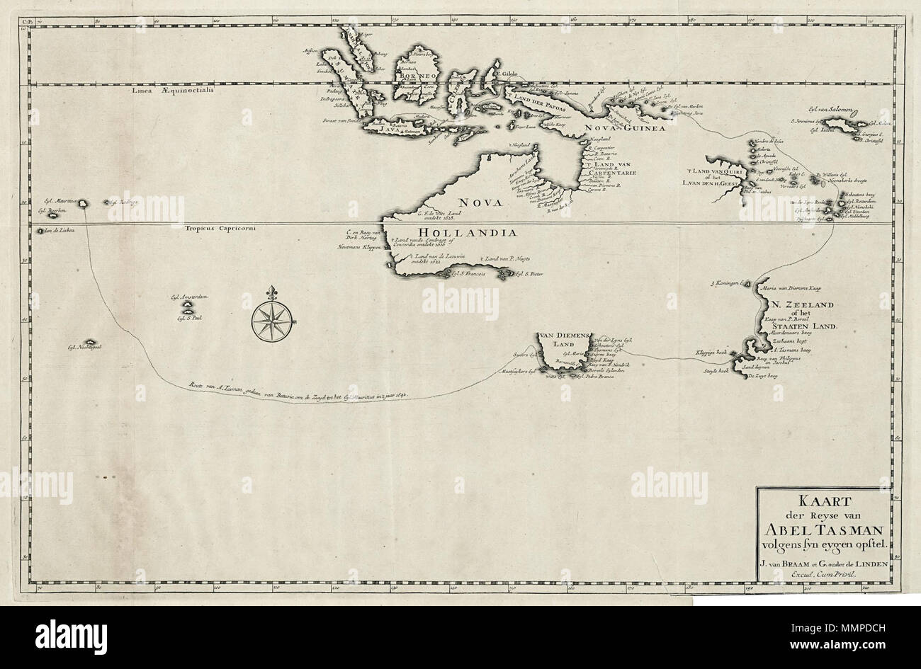 . Nederlands: Kaart met de route van Abel Tasman. Kaart der Reyse van ...