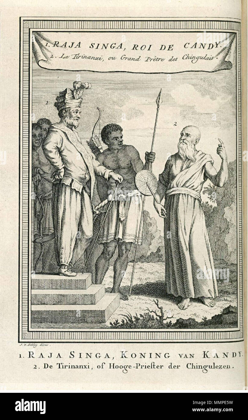 . Nederlands: Raja Singa, koning van Candy met de hogepriester van ...