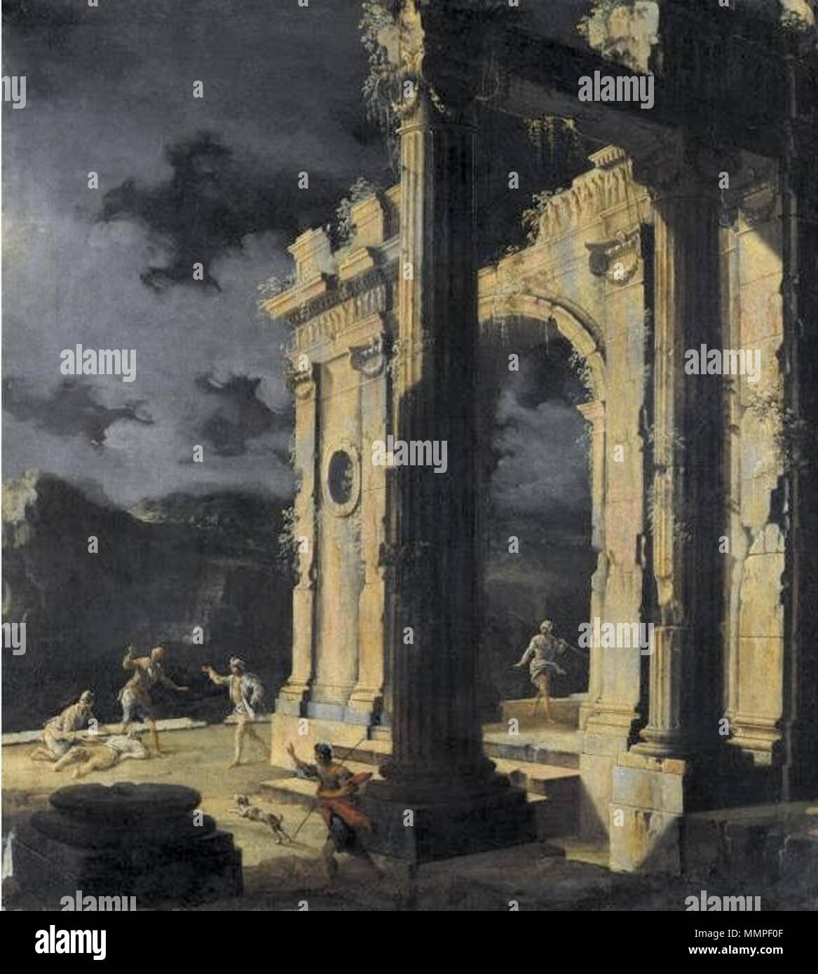 An architectural capriccio with figures amongst ruins under a stormy ...