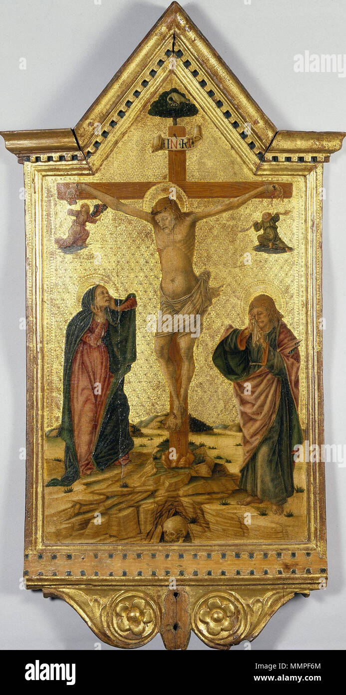 English: Crucifixion with the Virgin and St John . Second half of the 15th century. Ancona ...