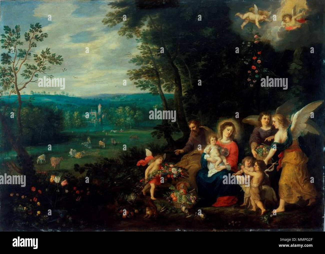 Landscape with the Holy Family, child John the Baptist, and angels ...