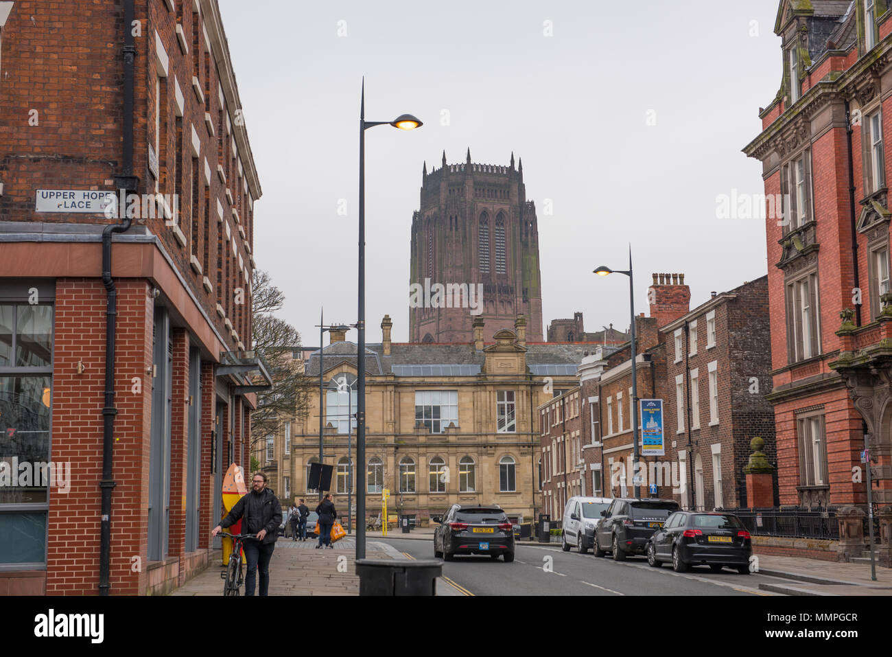 Liverpool Cathedral, view from Hope street, Upper Hope Place sign ...