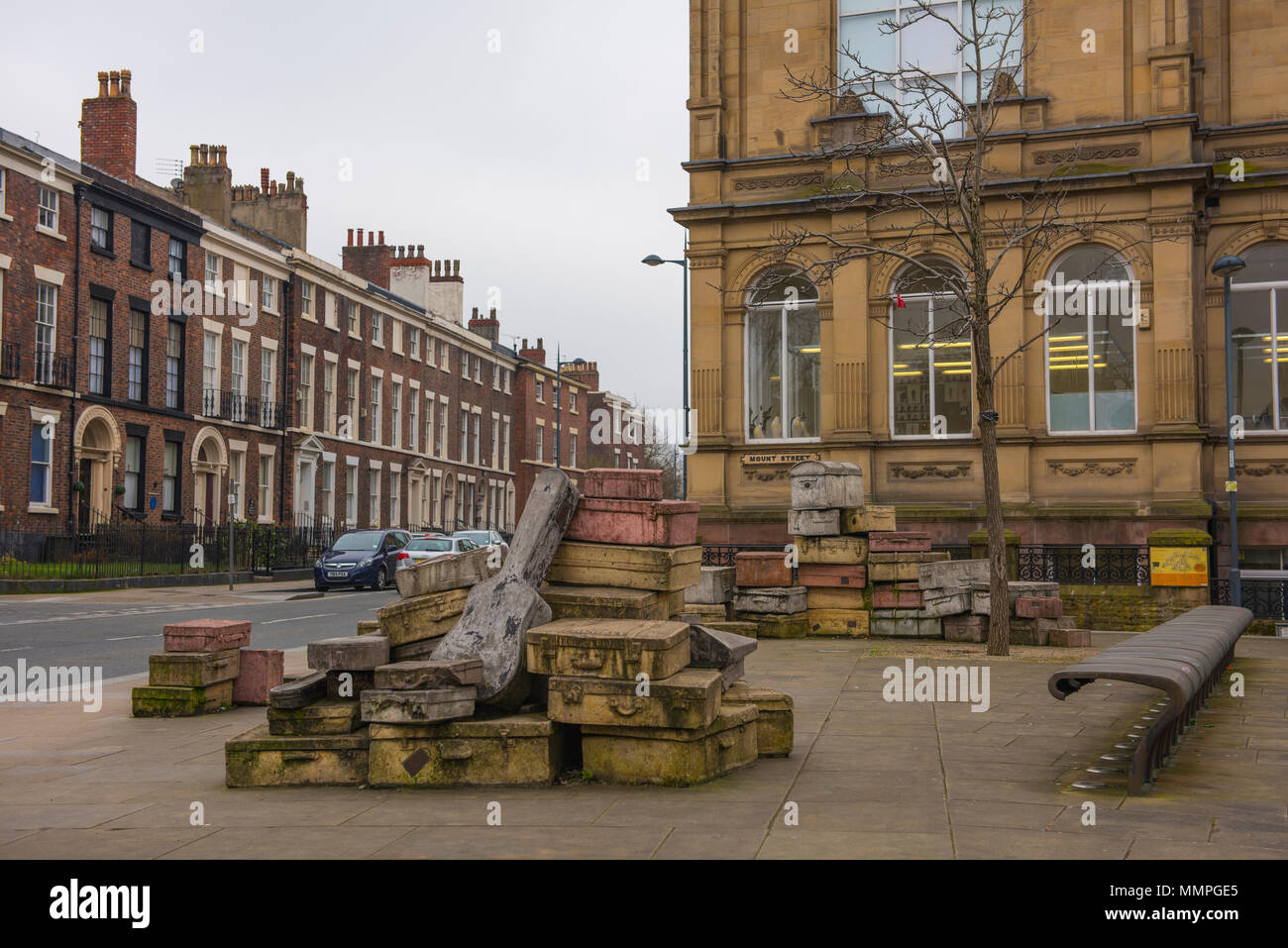 Concrete suitcase sculpture in front of the Liverpool College of Art ...