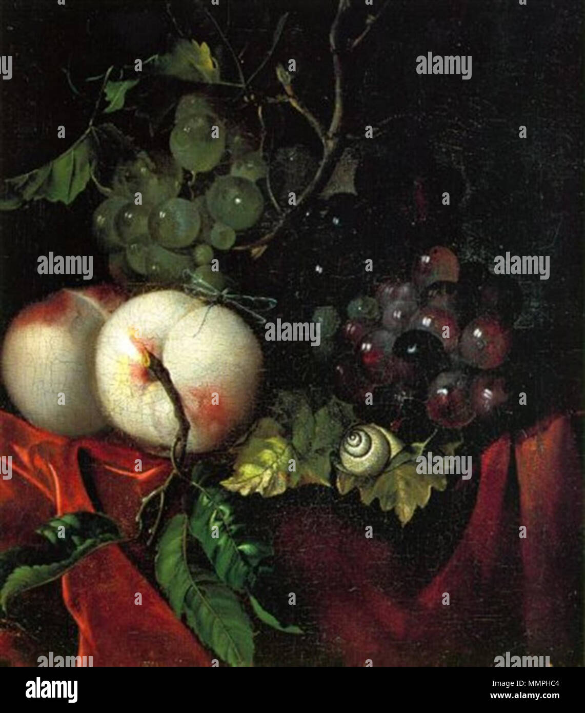 English: Still Life with Grapes, Peaches and Snail, signed by A. Ruysch ...