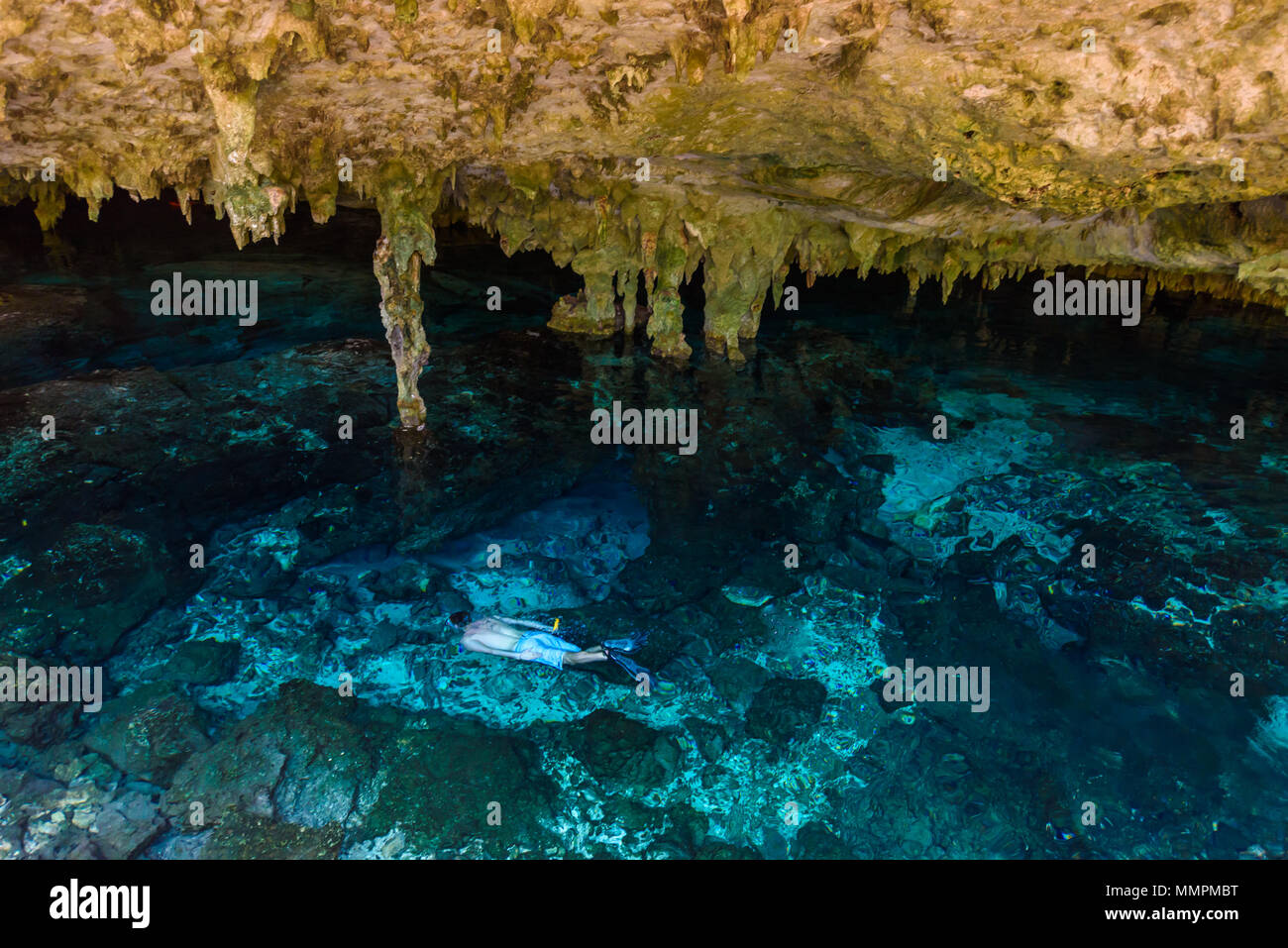 Cenote Dos Ojos in Quintana Roo, Mexico. People swimming and snorkeling ...
