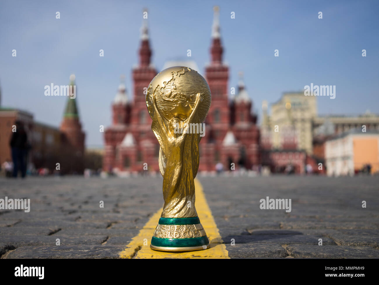 April 16, 2018 Moscow. Russia Trophy of the FIFA World Cup on the Red ...
