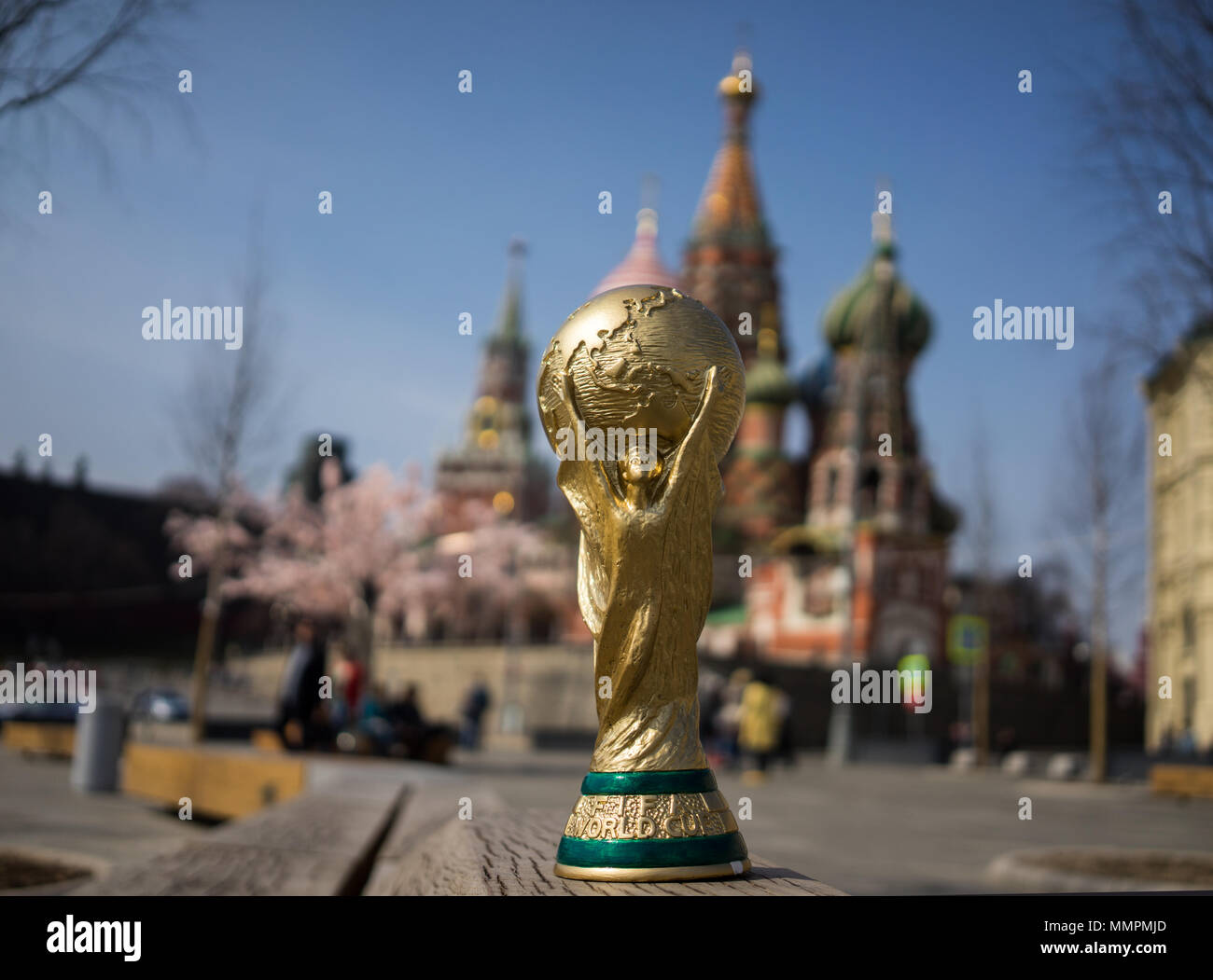 April 16, 2018 Moscow. Russia Trophy of the FIFA World Cup on the Red ...